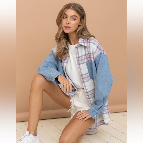 Blue B | Jackets & Coats | 14 Plaid And Denim Colorblock Jacket | Poshmark